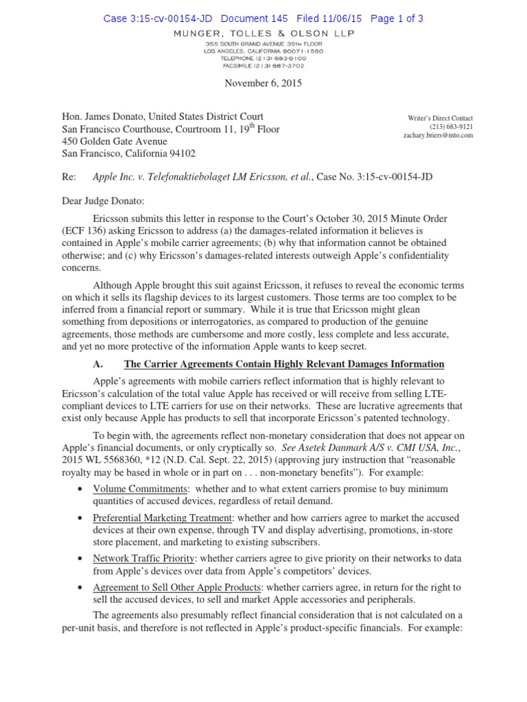 15-11-06 Ericsson Letter Re. Apple's Carrier Agreements | PDF ...