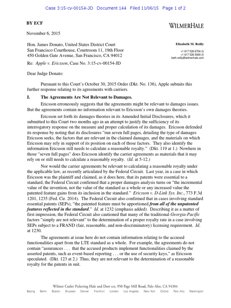 15-11-06 Apple Letter Re. Ericsson's Discovery Request For Carrier ...