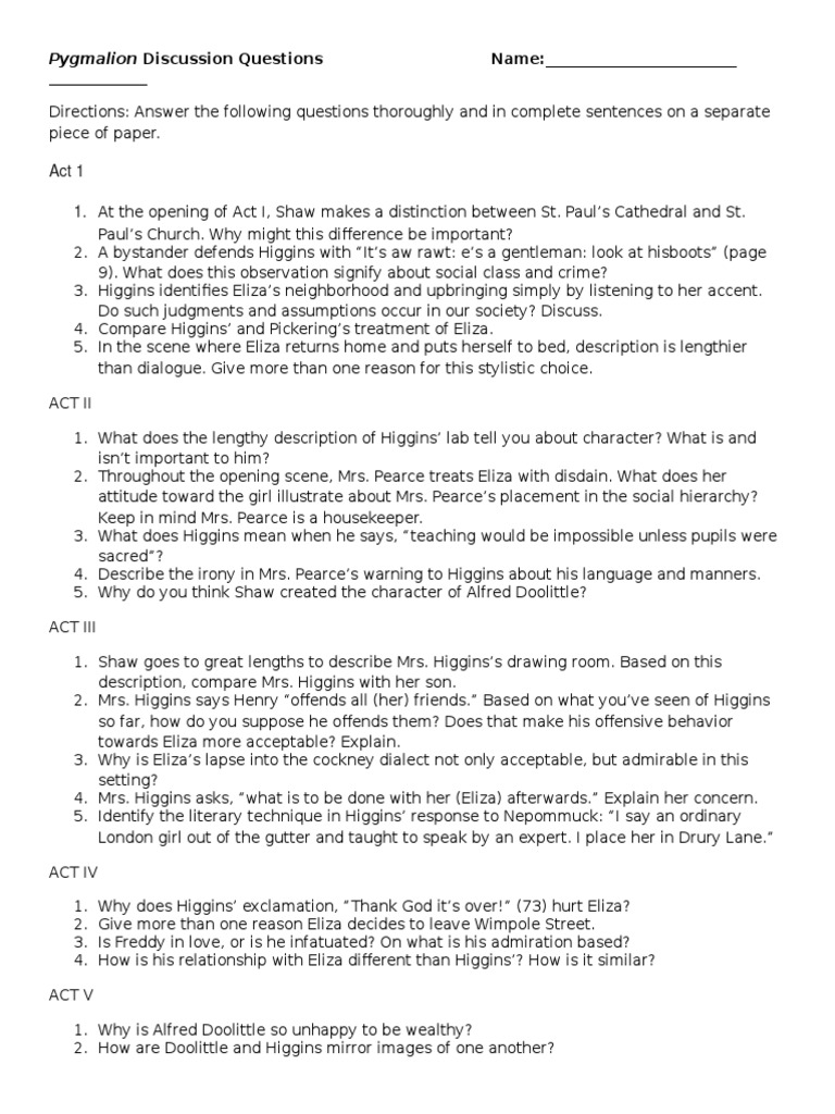 Pygmalion Discussion Questions | PDF | Pygmalion (Play)
