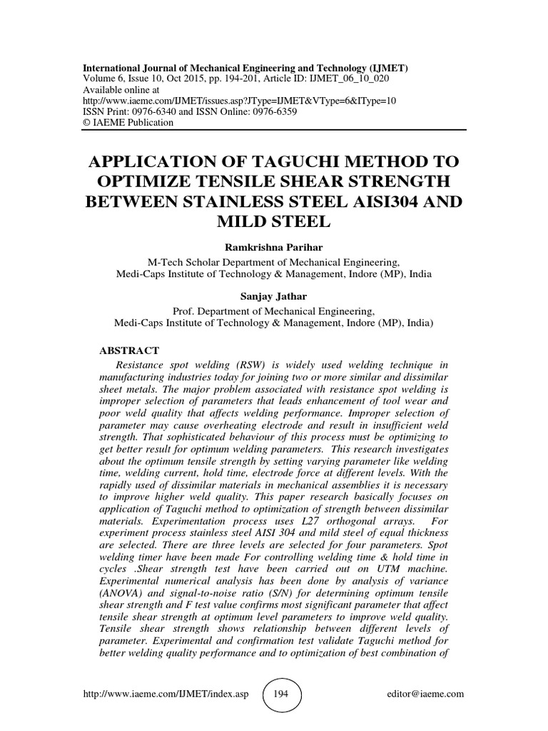Application of Taguchi Method To Optimize Tensile Shear Strength Between Stainless Steel Aisi304 ...
