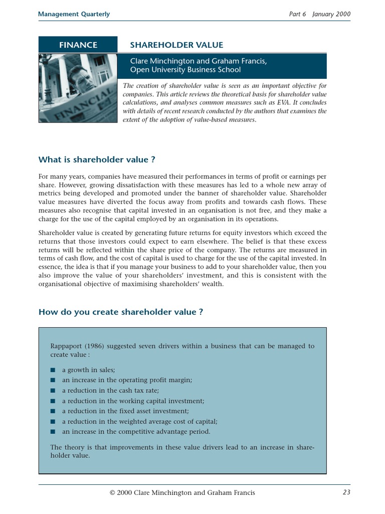 Shareholder Value Analysis Framework | PDF | Earnings Before Interest ...