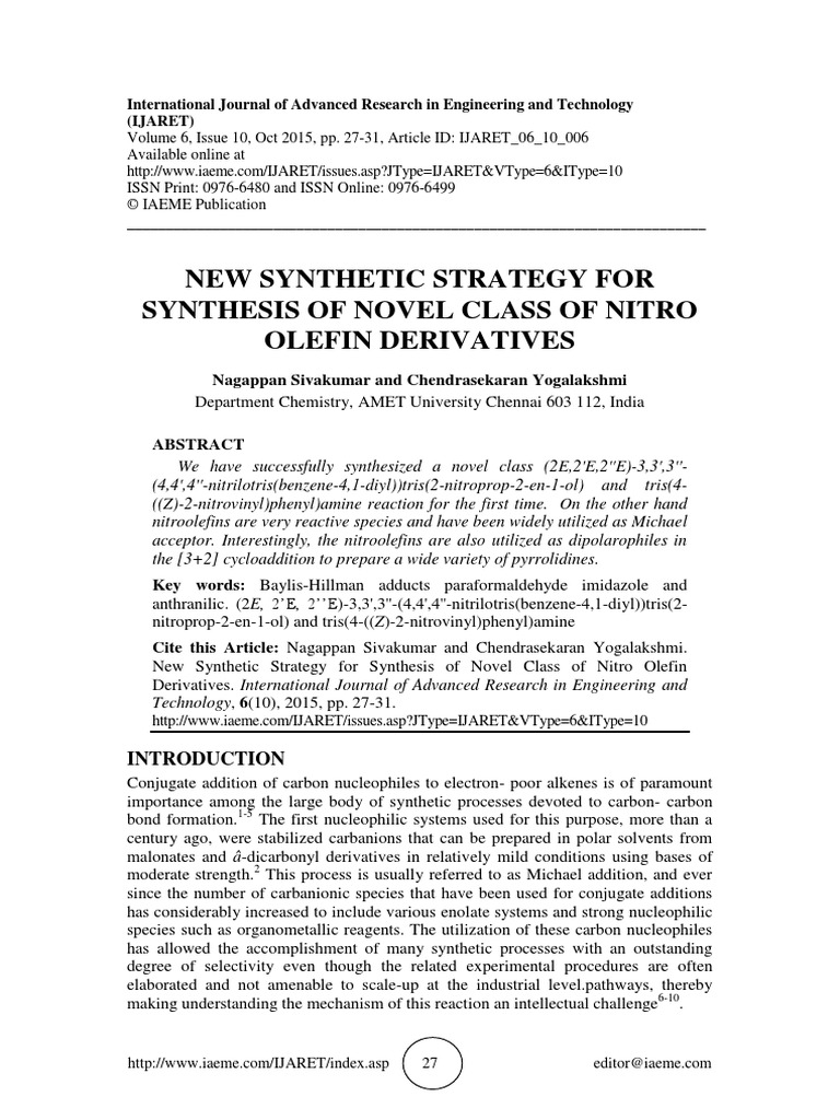 New Synthetic Strategy For Synthesis of Novel Class of Nitro Olefin Derivatives | PDF | Alkene ...