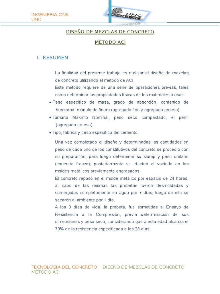 Diseño de Mezclas Metodo Aci | Descargar gratis PDF | Hormigón | Cemento