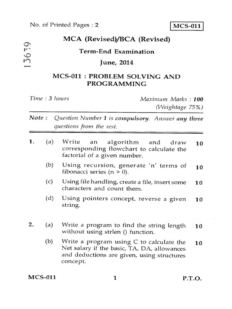 2 MCA (Revised) /BCA (Revised) Term-End Examination June, 2014 Mcs-011: Problem Solving and ...