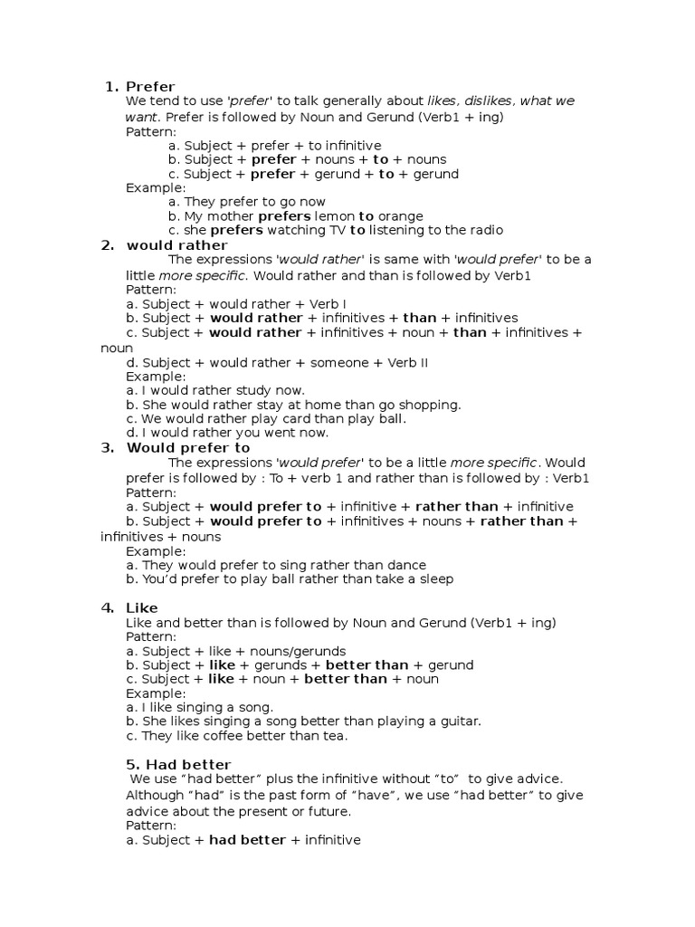 Prefer: Want. Prefer Is Followed by Noun and Gerund (Verb1 + Ing) | PDF ...
