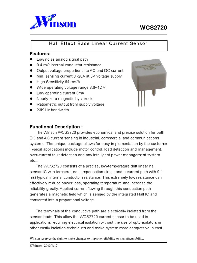 Hall Effect Base Linear Current Sensor Features | PDF | Sensor ...