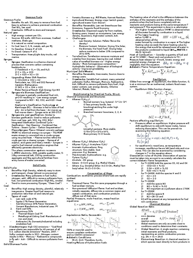 MIE516 Cheat Sheet | N Ox | Combustion