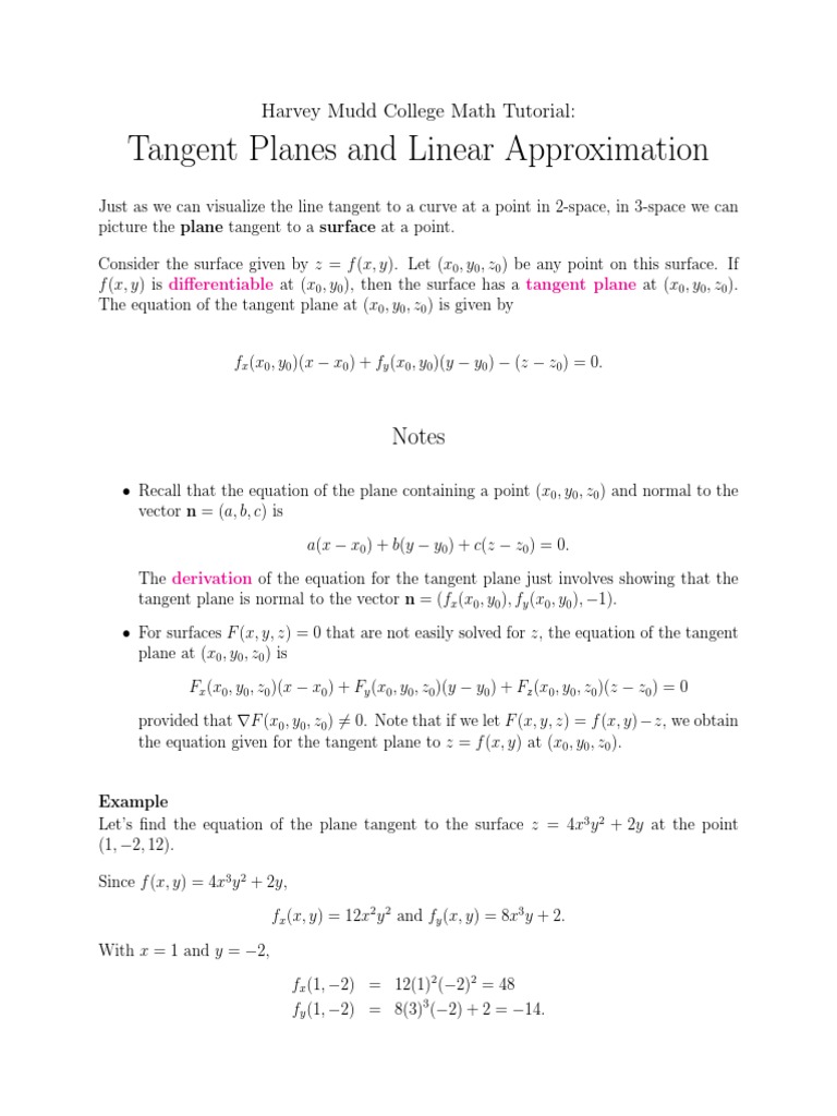Tangent Planes and Linear Approximation: Harvey Mudd College Math Tutorial | PDF | Plane ...