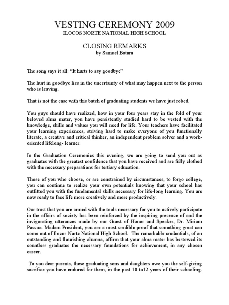Closing Remarks for Graduation Ceremony | PDF | Lifelong Learning ...