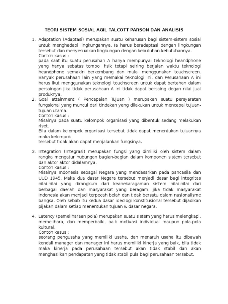 Teori Sistem Sosial Agil Talcott Parson Dan Analisis | PDF
