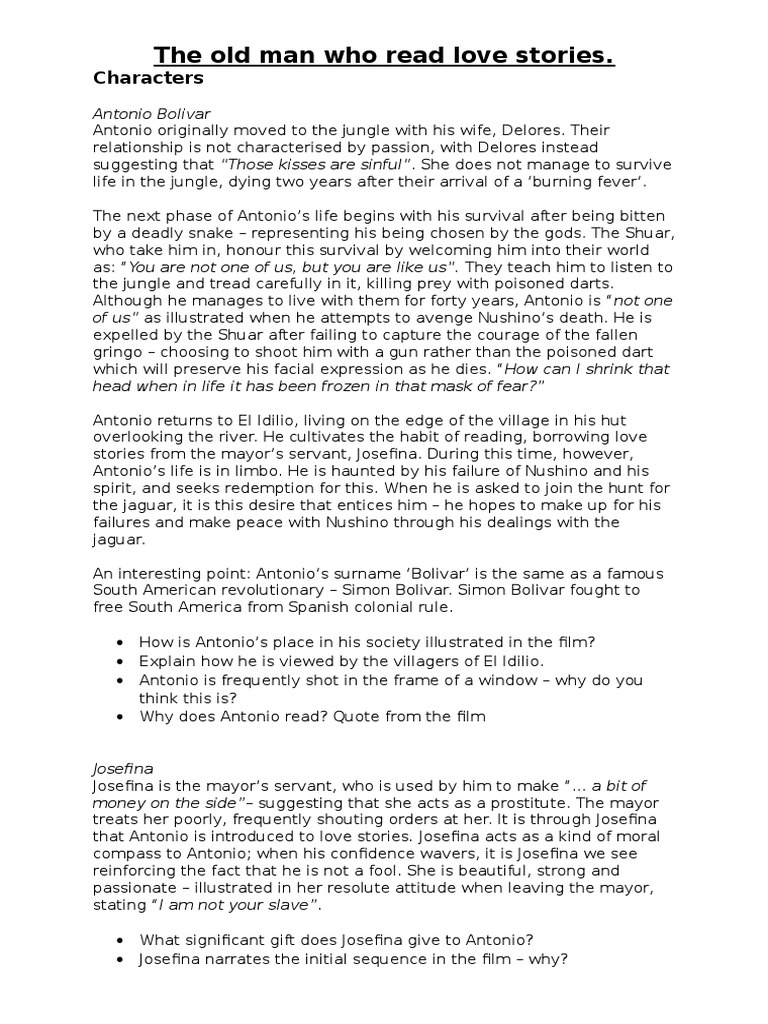 The Old Man Who Read Love Stories - Character Analysis | PDF ...