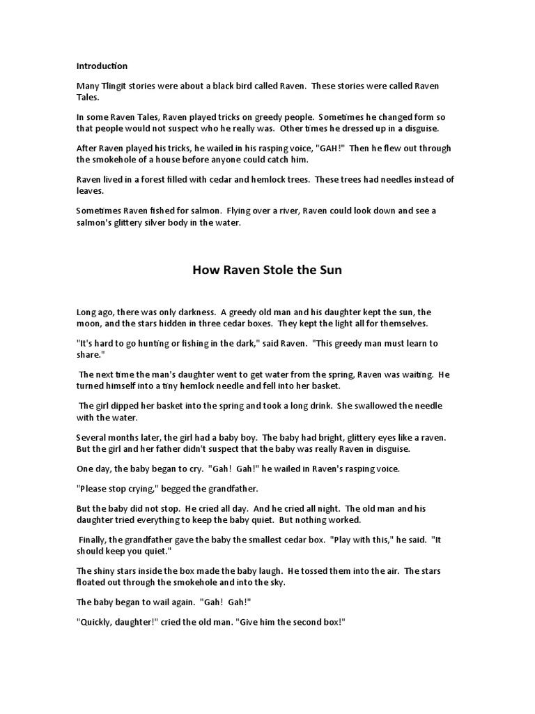 Tlingit Folktales - How Raven Stole The Sun | PDF | Art | Poetry