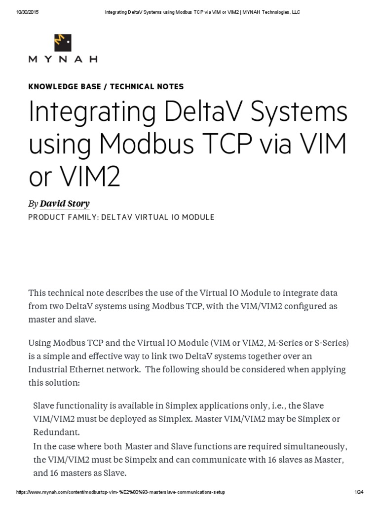 Integrating Deltav Systems Using Modbus Tcp Via Vim Or Vim2 Mynah Technologies Llc Pdf Ip