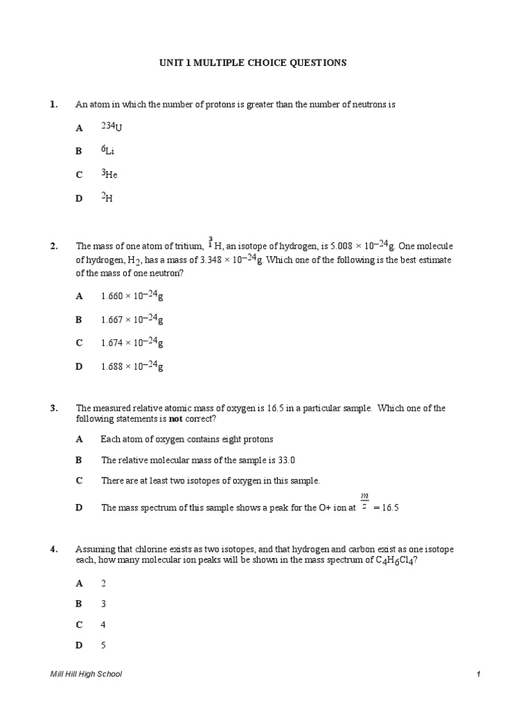 Unit 1 Multiple Choice | PDF | Isotope | Atoms