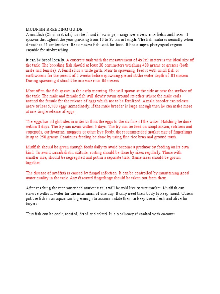 Mudfish Breeding Guide | PDF | Aquaculture | Spawn (Biology)