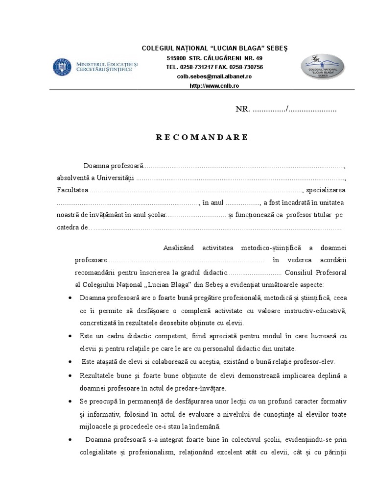 Recomandare Grade Didactice | PDF