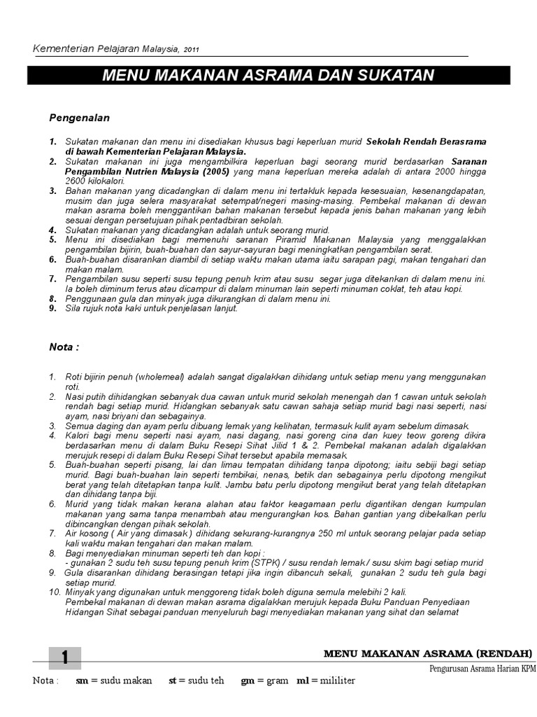 Lampiran 5 (Menu Makanan Asrama Sekolah Rendah 2011) | PDF