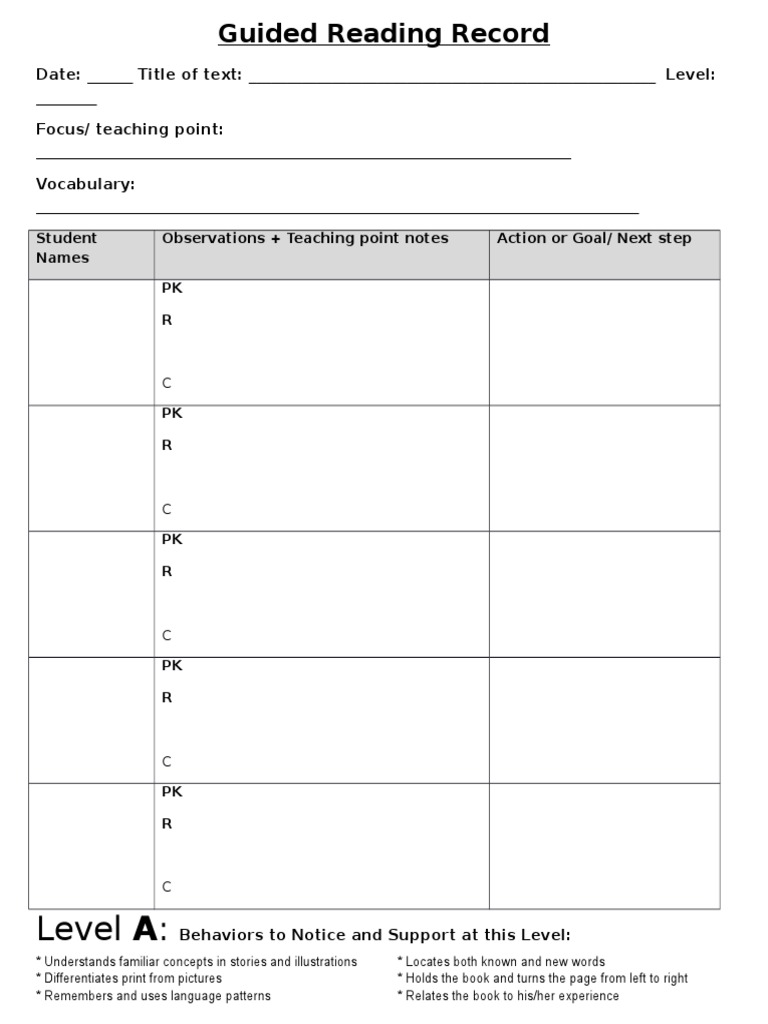 Guided Reading Record Template | PDF | Attention | Fluency