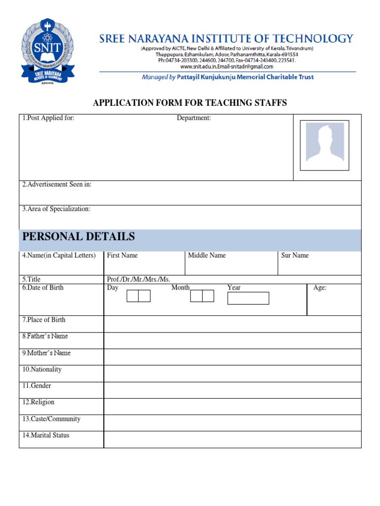 Personal Details: Application Form For Teaching Staffs | PDF | Career ...