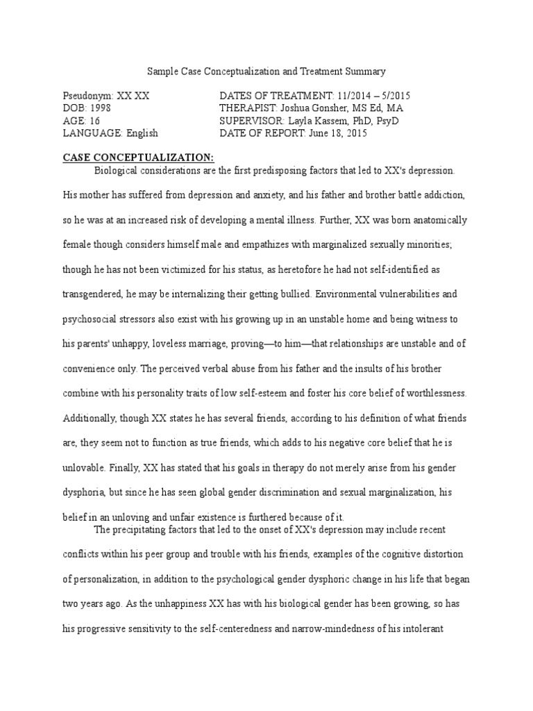 Sample Case Conceptualization & Treatment Summary | PDF | Psychotherapy ...