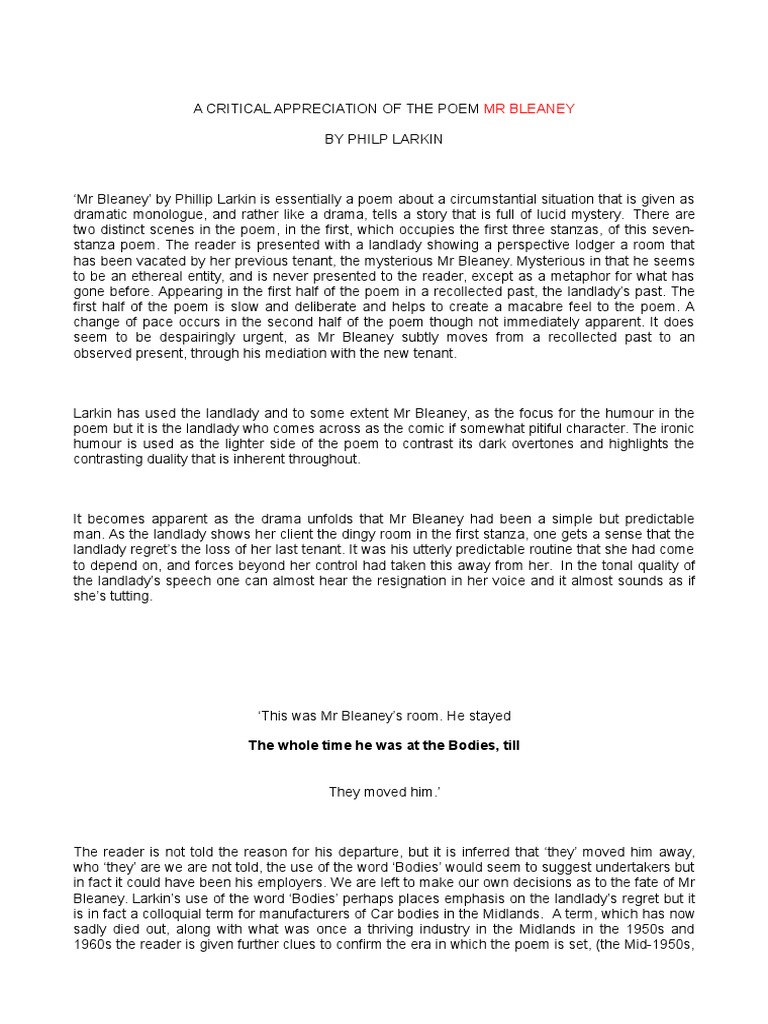 MR Bleaney | PDF | Poetry