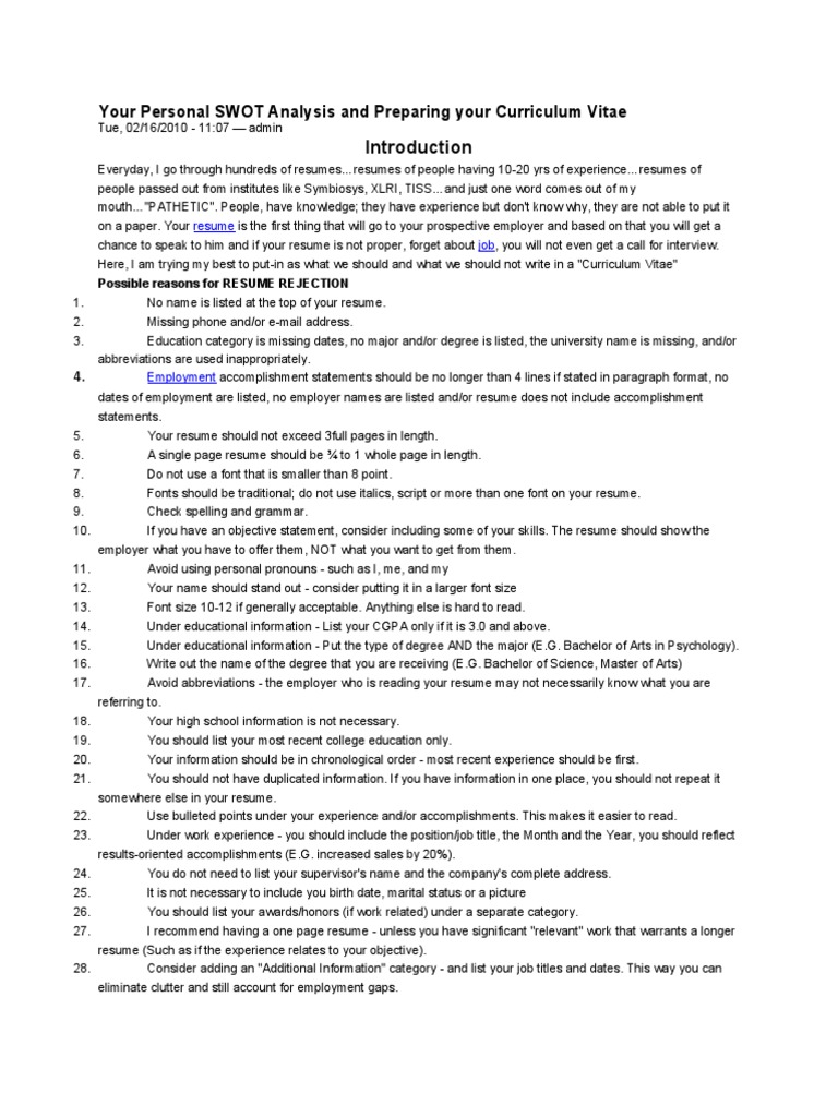 Your Personal SWOT Analysis and Preparing Your Curriculum Vitae | PDF