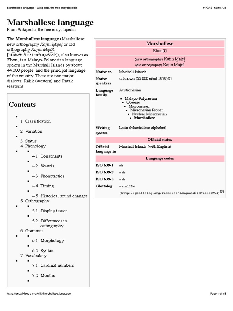 Marshallese Language - Wikipedia, The Free Encyclopedia | Linguistics ...