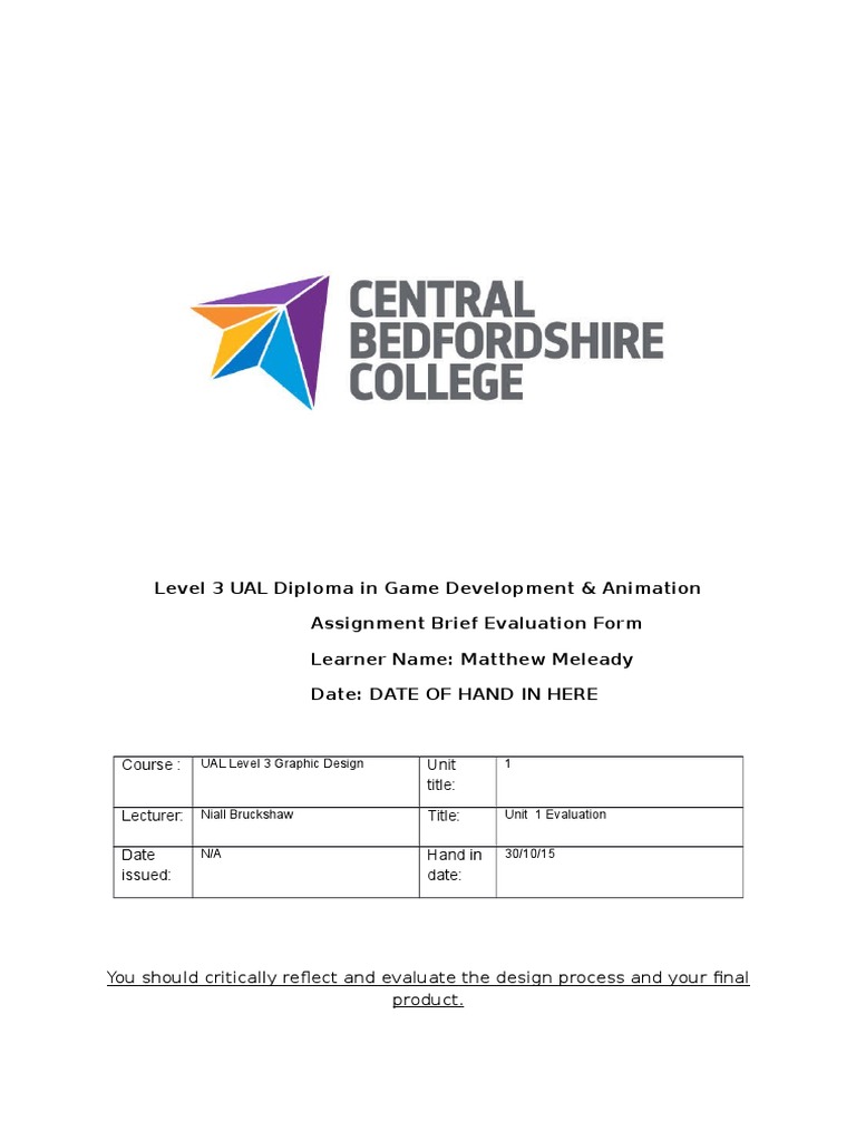 Level 3 UAL Diploma in Game Development & Animation Assignment Brief ...