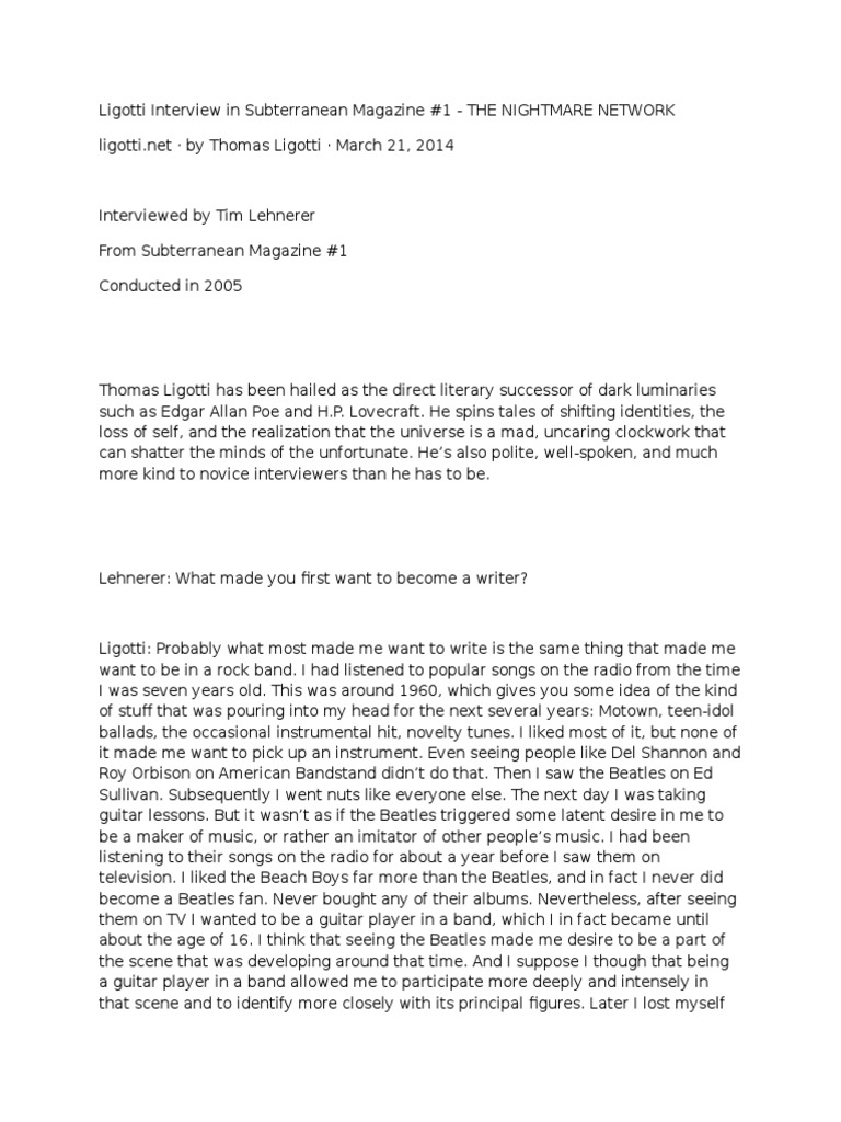 Ligotti Interview in Subterranean Magazine | PDF | Horror Fiction | H ...
