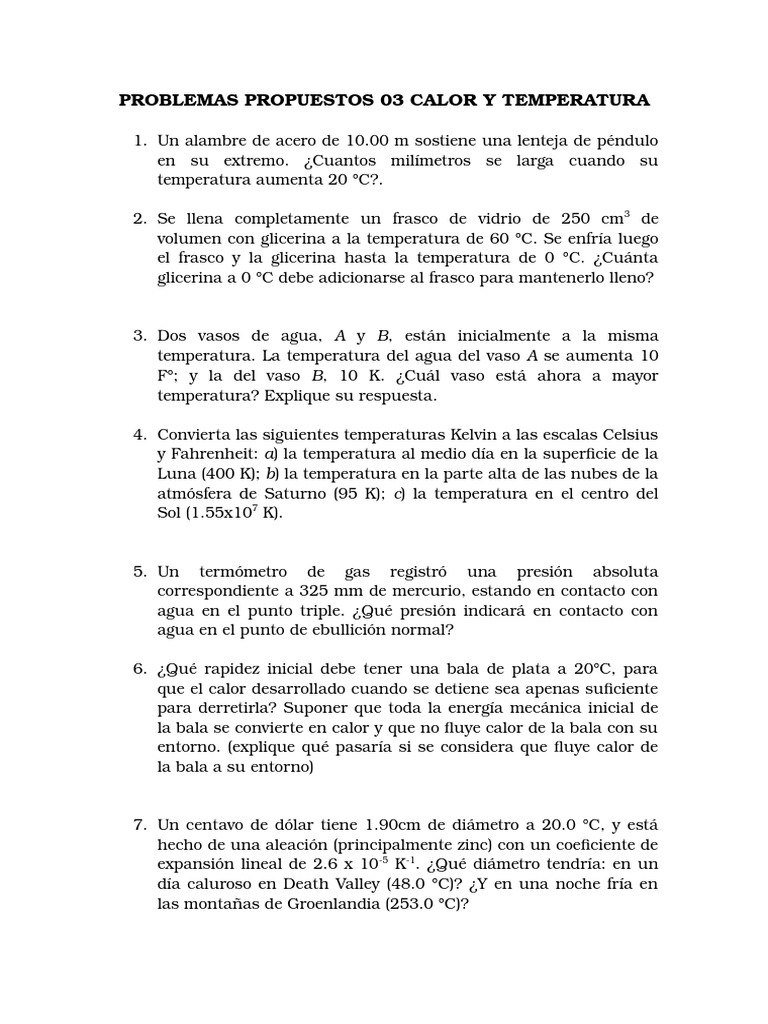 Problemas de Calor y Temperatura: Expansión Térmica, Cambios de Estado ...