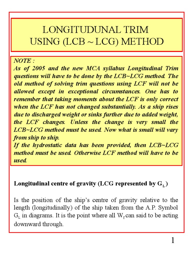 1h Longitudunal Trim Lcb Lcg Method Download Free Pdf Buoyancy Naval Architecture