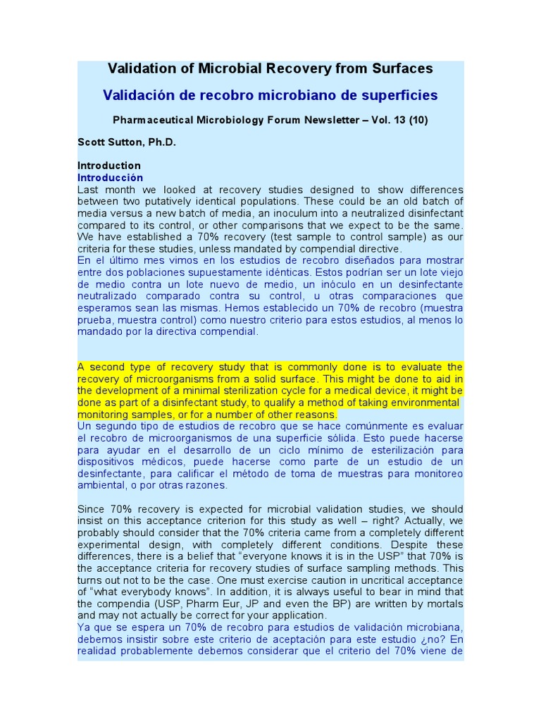 Validation of Microbial Recovery From Surfaces INGLÉS - ESPAÑOL | PDF ...
