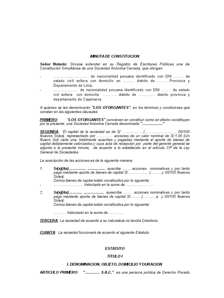 Modelo de Minuta de Constitución de Una SAC | PDF | Compartir (Finanzas) | Liquidación