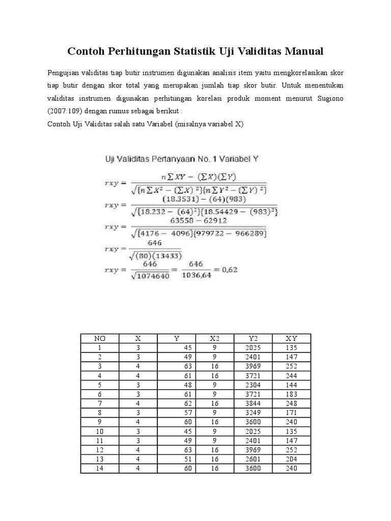 Contoh Perhitungan Statistik Uji Validitas Manual | PDF | Metode ...