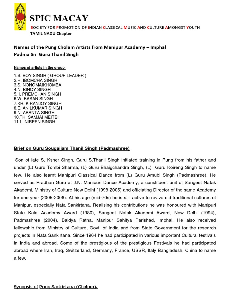Brief Synopsis of Pung Cholam PRGM, Artists Names and Brief On The Guru ...