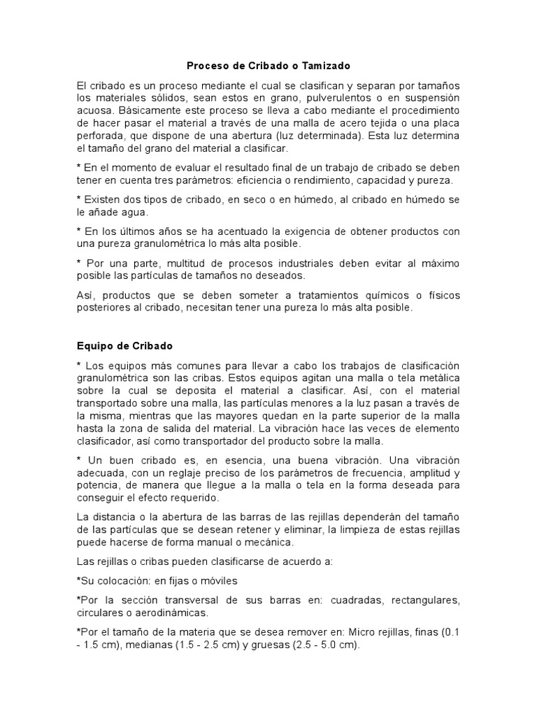 Proceso de Cribado y Clasificación Granulométrica | PDF | Ligero | Agua