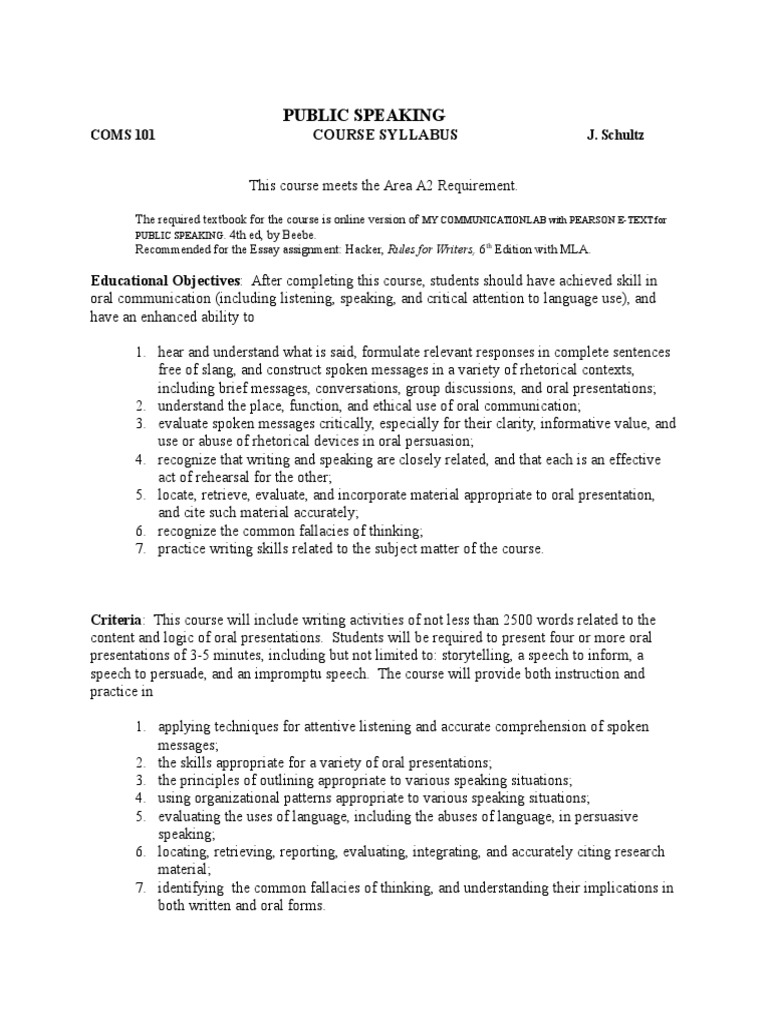Course Syllabus Coms 101 Download Free Pdf Public Speaking Speech