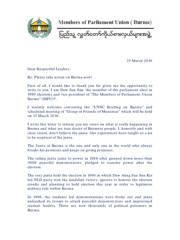 Burma: Daw San San (MPU) Letter To UN | Download Free PDF | Myanmar ...