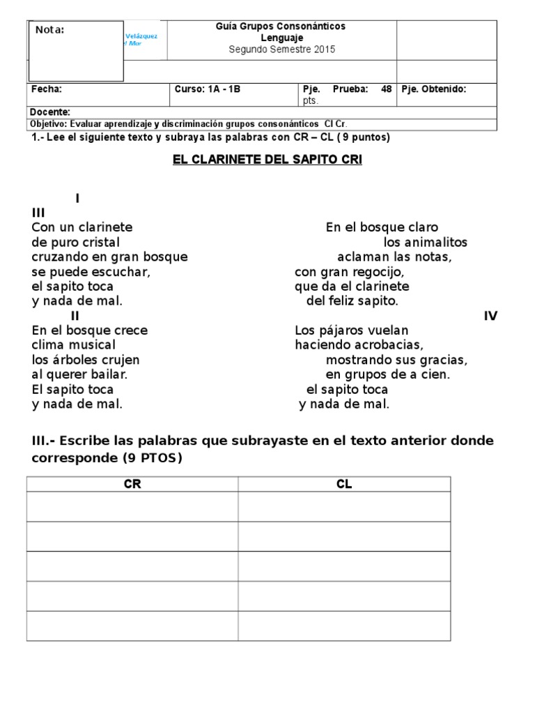 Actividades Grupos Consonánticos CL y CR | PDF | Aprendizaje | Cognición