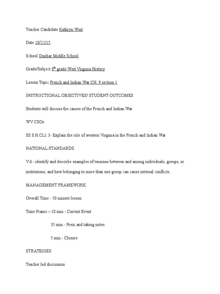 Lesson Plan 2 - French and Indian War | PDF | Differentiated ...