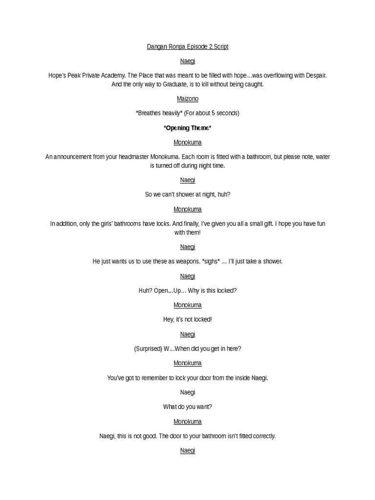 Danganronpa Episode 2 Script Part 1 | PDF | Leisure