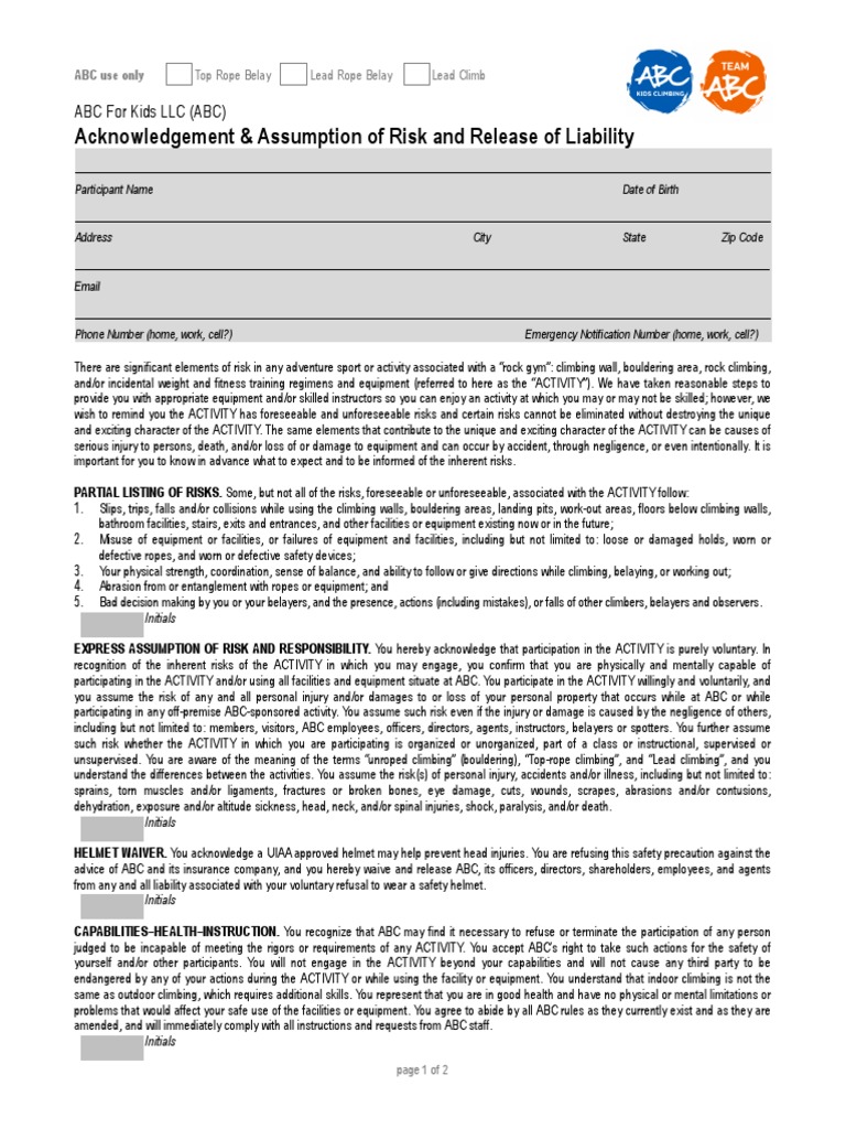 Acknowledgement & Assumption of Risk and Release of Liability | PDF ...