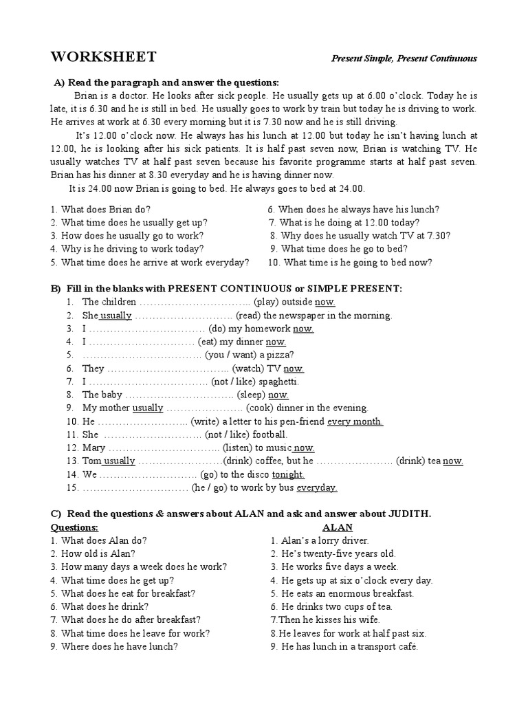 WORKSHEET Present Simple Present Continuous | PDF | Ellipsis | Leisure