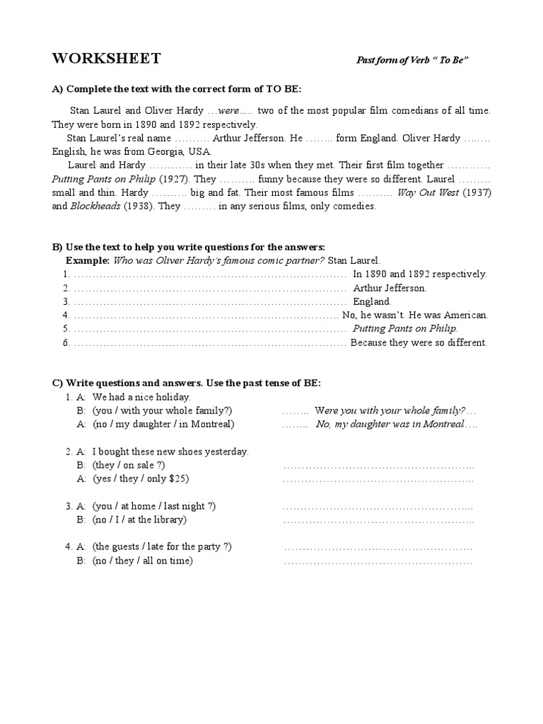 Past Tense of "To Be" Worksheet | PDF