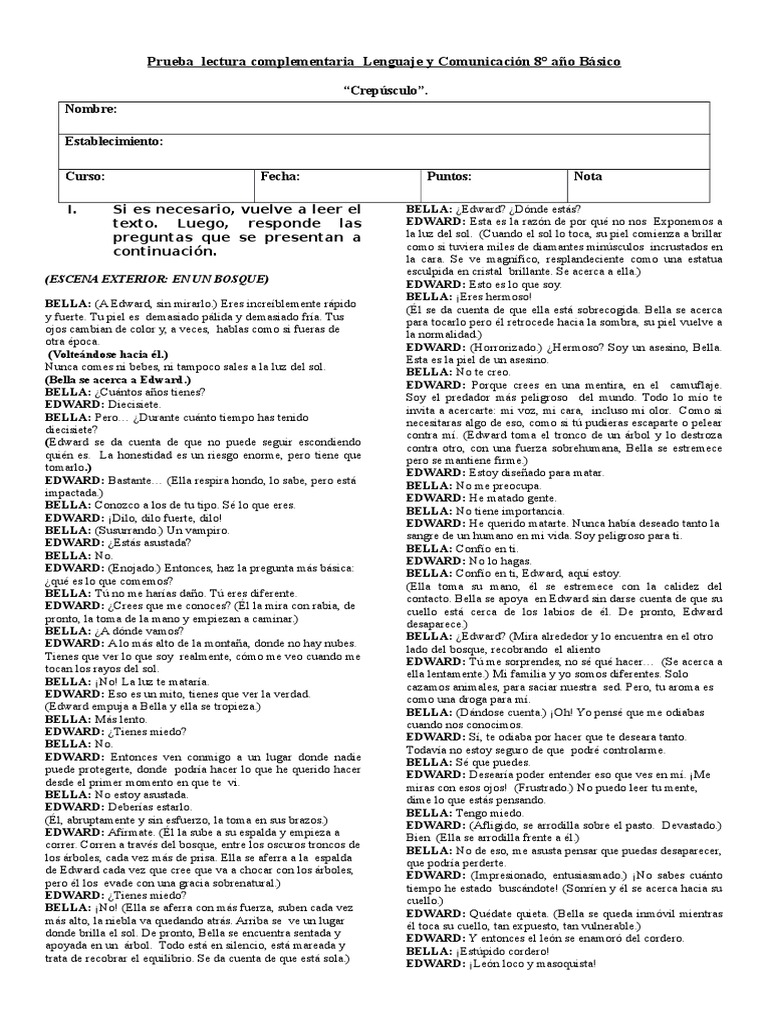 Prueba Lectura Complementaria Lenguaje y Comunicación 8° Abril Crepusculo | PDF | Crepúsculo ...