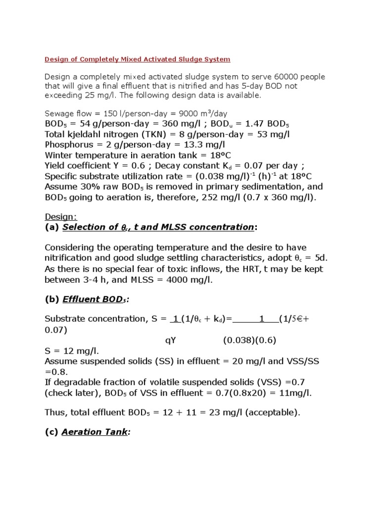 Design of Completely Mixed Activated Sludge System | PDF | Water ...