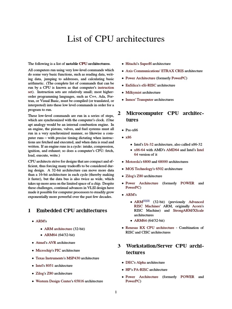 List of CPU Architectures | PDF | Arm Architecture | Central Processing ...