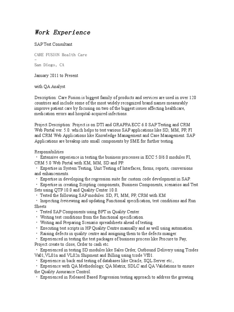 SAP Testing Resume | PDF | Web Service | Scripting Language