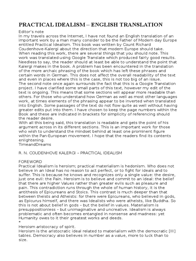 Practical Idealism, Rough English Translation - Cudenhove-Kalergi | PDF ...