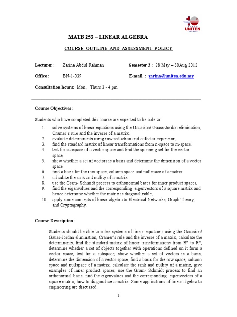 MATB 253 Linear Algebra Course Outline | Download Free PDF | Matrix ...